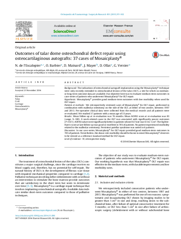 (PDF) Outcomes of talar dome osteochondral defect repair using ...