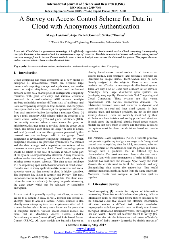 (PDF) A Survey on Access Control Scheme for Data in Cloud with Anonymous Authentication