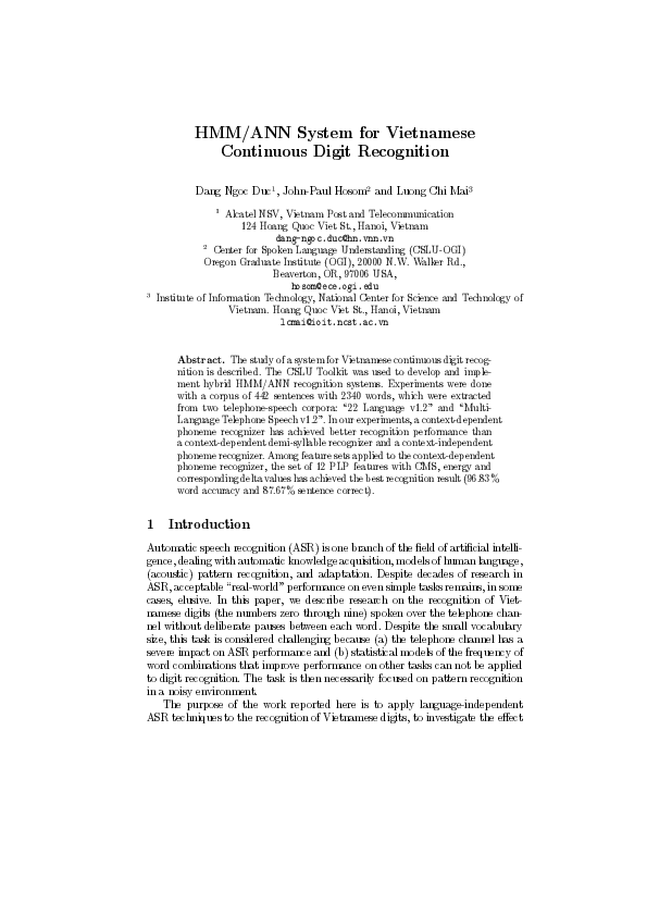 Pdf Hmmann System For Vietnamese Continuous Digit Recognition