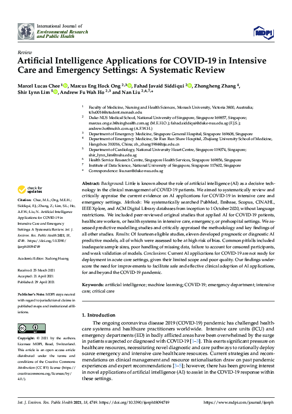 (PDF) Artificial Intelligence Applications for COVID-19 in Intensive Care and Emergency Settings ...