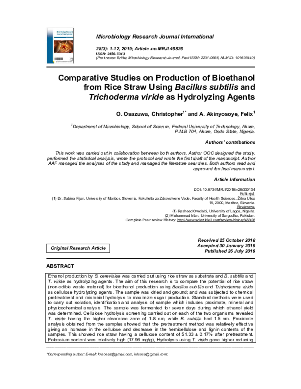 (PDF) Comparative Studies on Production of Bioethanol from Rice Straw ...