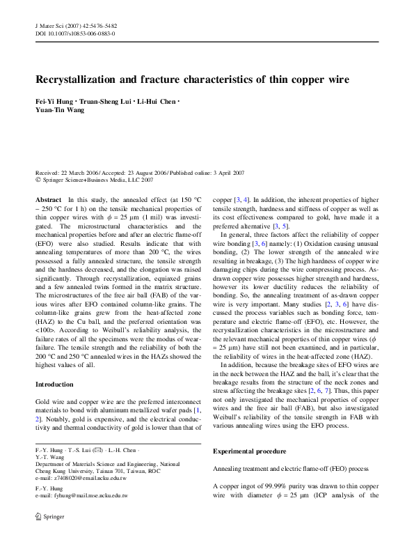 Pdf Recrystallization And Fracture Characteristics Of Thin Copper Wire