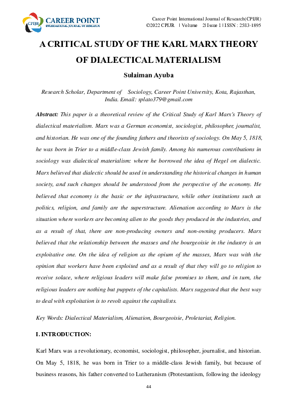 (PDF) A CRITICAL STUDY OF THE KARL MARX THEORY OF DIALECTICAL MATERIALISM