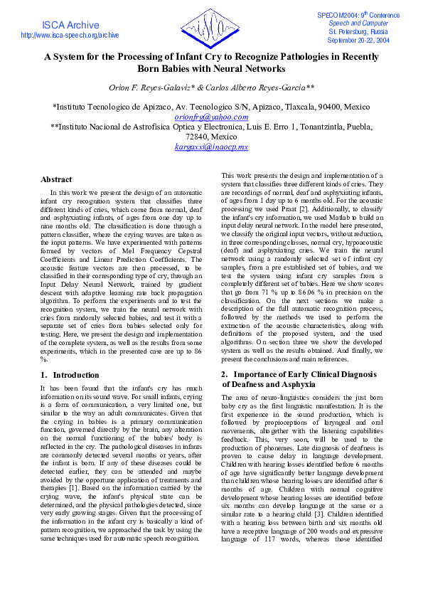 (PDF) A system for the processing of infant cry to recognize ...