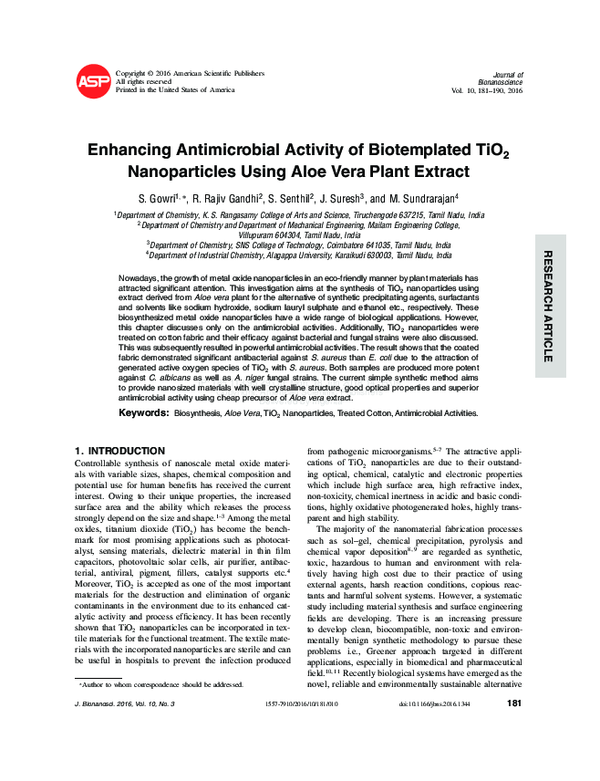 Pdf Enhancing Antimicrobial Activity Of Biotemplated Tio2 Nanoparticles Using Aloe Vera Plant