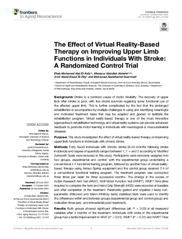 (PDF) The Effect of Virtual Reality-Based Therapy on Improving Upper Limb Functions in ...