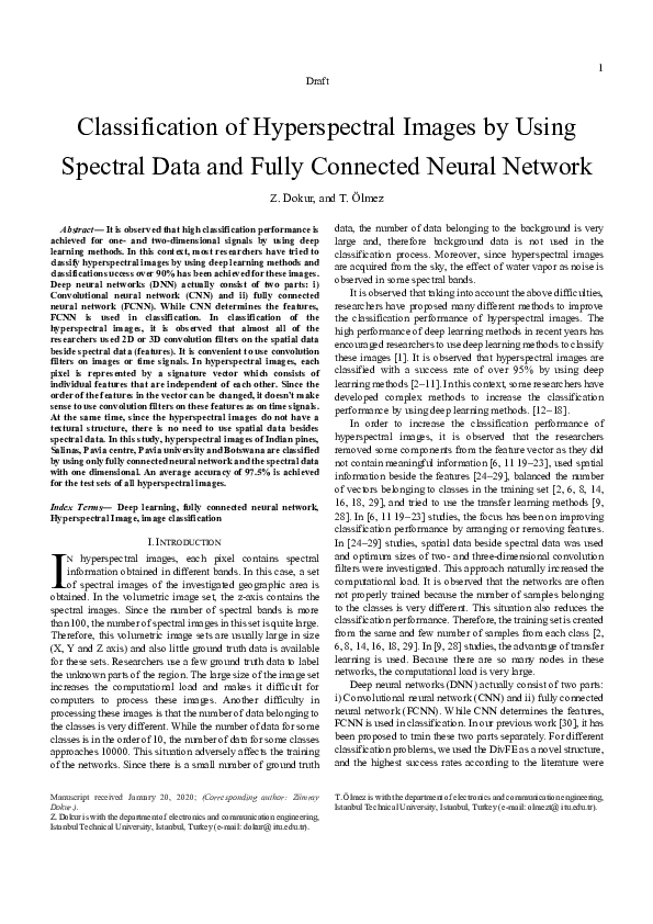 Pdf Classification Of Hyperspectral Images By Using Spectral Data And Fully Connected Neural