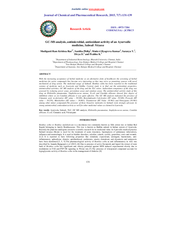 Pdf Gc Ms Analysis Antimicrobial Antioxidant Activity Of An Ayurvedic Medicine Salmali