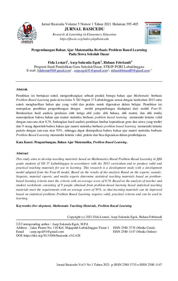 (PDF) Pengembangan Bahan Ajar Matematika Berbasis Problem Based Learning Pada Siswa Sekolah Dasar