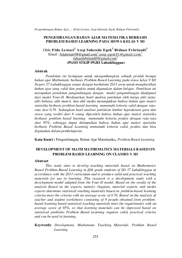 (PDF) Pengembangan Bahan Ajar Matematika Berbasis Problem Based Learning Pada Siswa Kelas V SD