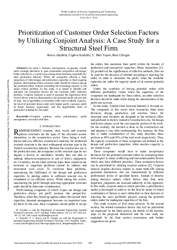 (PDF) Prioritization of Customer Order Selection Factors by Utilizing Conjoint Analysis: A Case ...