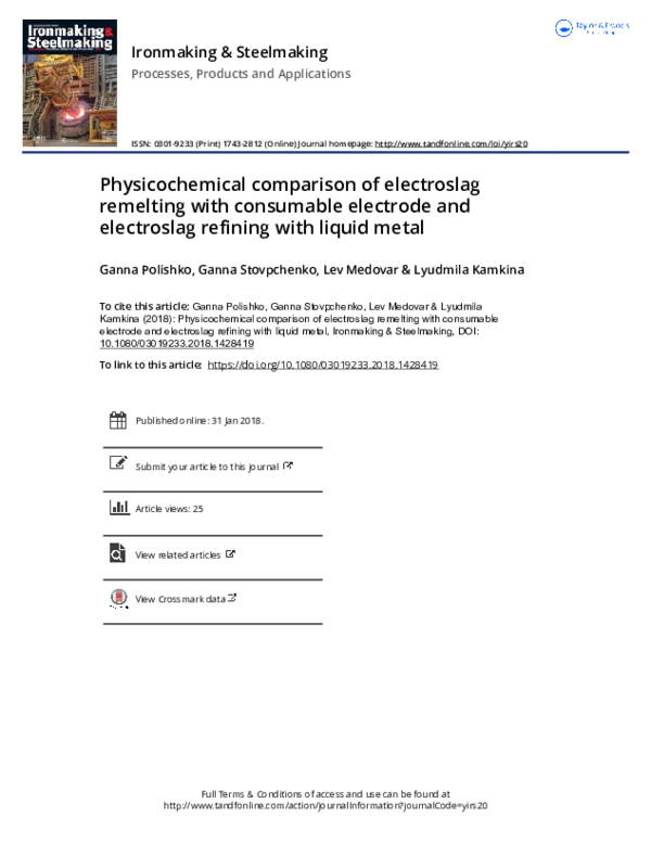 (PDF) Physicochemical comparison of electroslag remelting with consumable electrode and ...