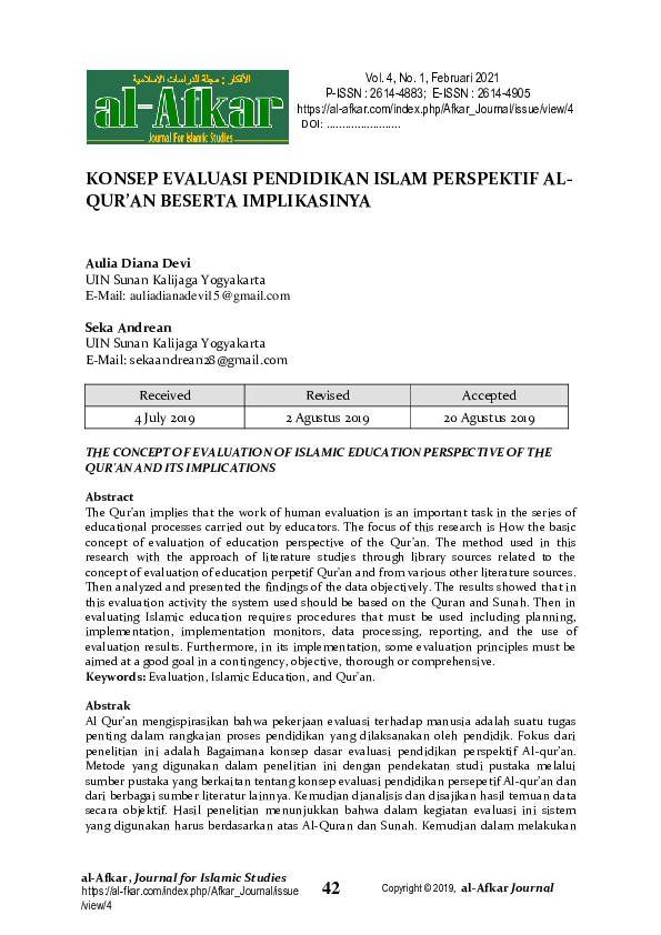 (PDF) Konsep Evaluasi Pendidikan Islam Perspektif Al-qur'an Beserta Implikasinya