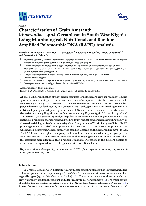 Pdf Characterization Of Grain Amaranth Amaranthus Spp Germplasm In South West Nigeria Using