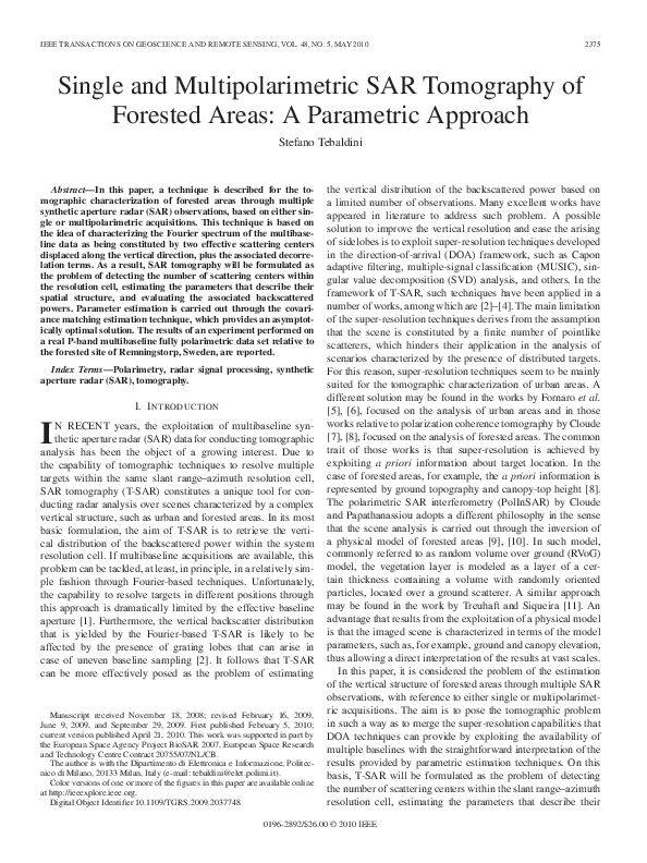 (PDF) Single and Multipolarimetric SAR Tomography of Forested Areas: A Parametric Approach