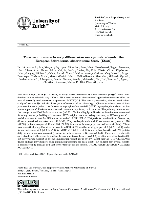 (PDF) Treatment outcome in early diffuse cutaneous systemic sclerosis: the European Scleroderma ...