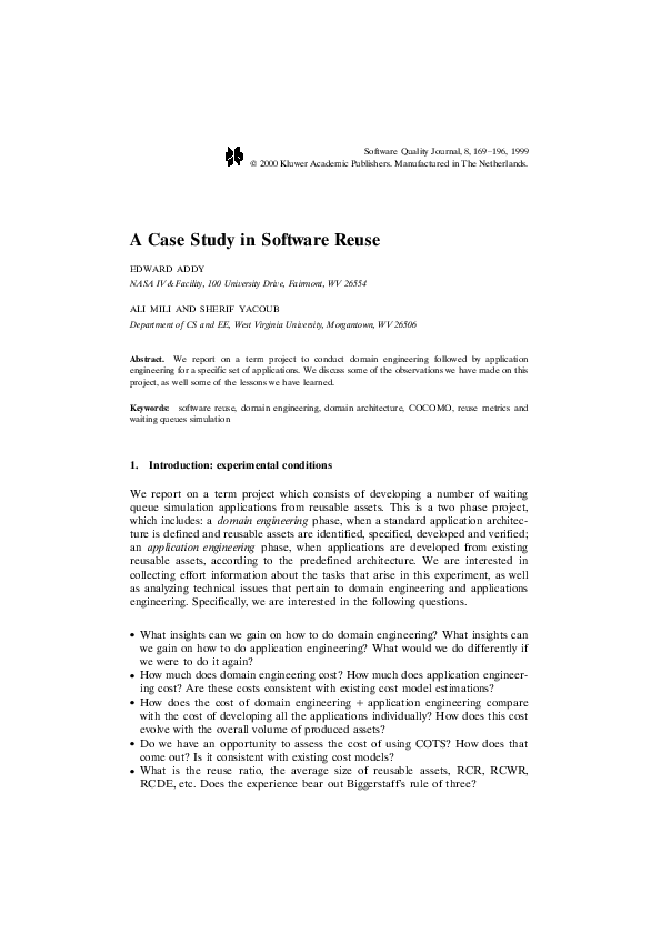 (PDF) A Case Study in Software Reuse