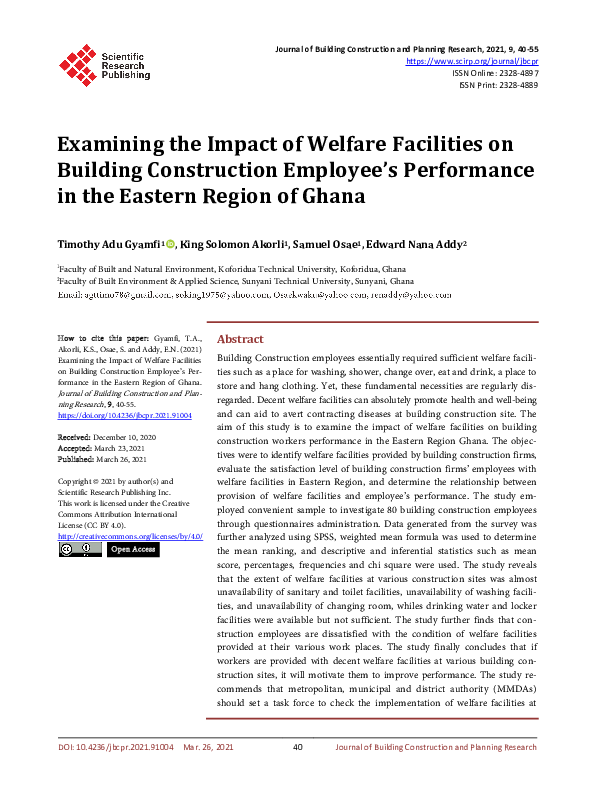 (PDF) Examining the Impact of Welfare Facilities on Building ...
