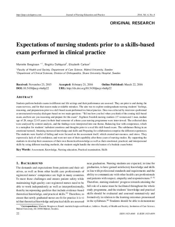 (PDF) Expectations of nursing students prior to a skills-based exam ...