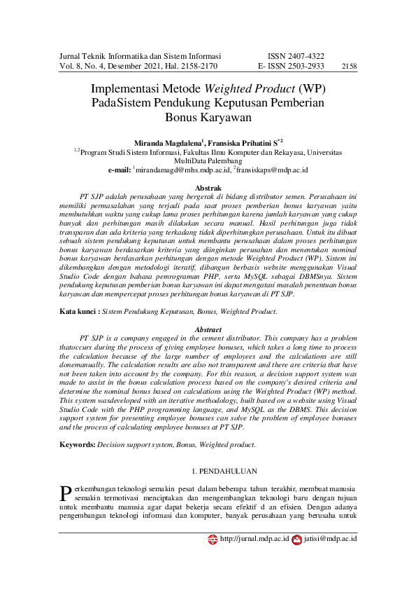 (PDF) Implementasi Metode Weighted Product (WP) pada Sistem Pendukung Keputusan Pemberian Bonus ...