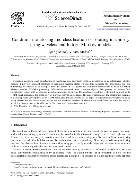 (PDF) Condition monitoring and classification of rotating machinery using wavelets and hidden ...