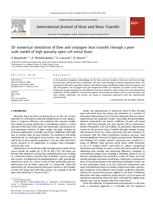 (PDF) 3D numerical simulation of flow and conjugate heat transfer through a pore scale model of ...
