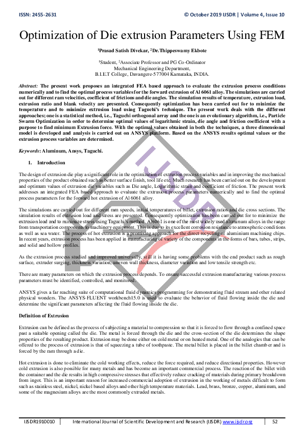 (PDF) Optimization of Die extrusion Parameters Using FEM