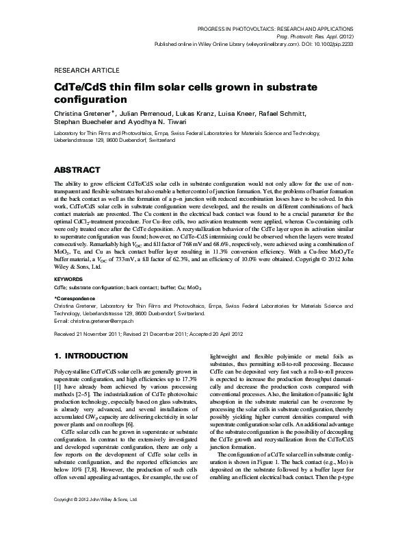 (PDF) CdTe/CdS thin film solar cells grown in substrate configuration