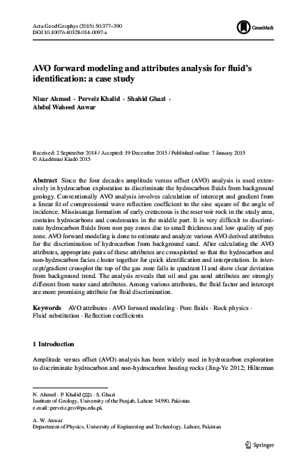 (PDF) AVO forward modeling and attributes analysis for fluid’s ...