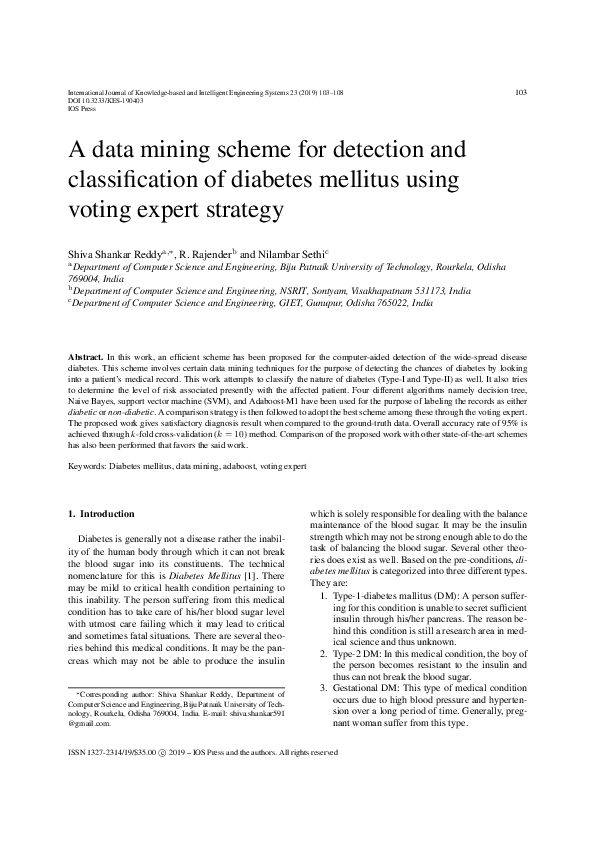Pdf A Data Mining Scheme For Detection And Classification Of Diabetes