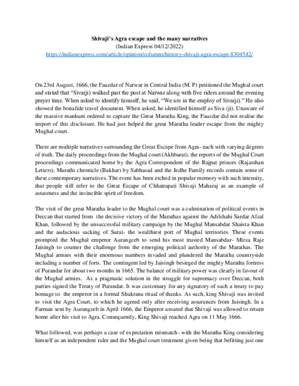 (PDF) Shivaji's Agra escape and the many narratives