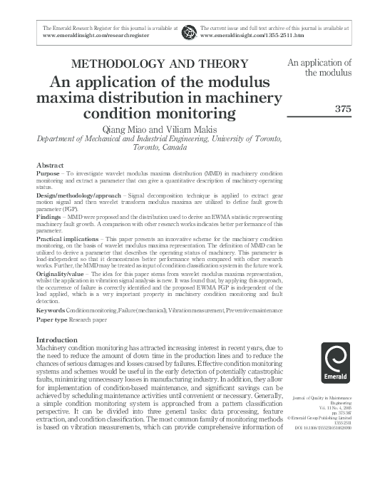 (PDF) An application of the modulus maxima distribution in machinery condition monitoring