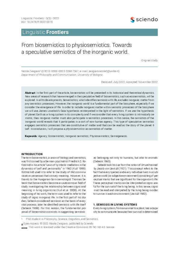 (PDF) "From biosemiotics to physiosemiotics. Towards a speculative ...