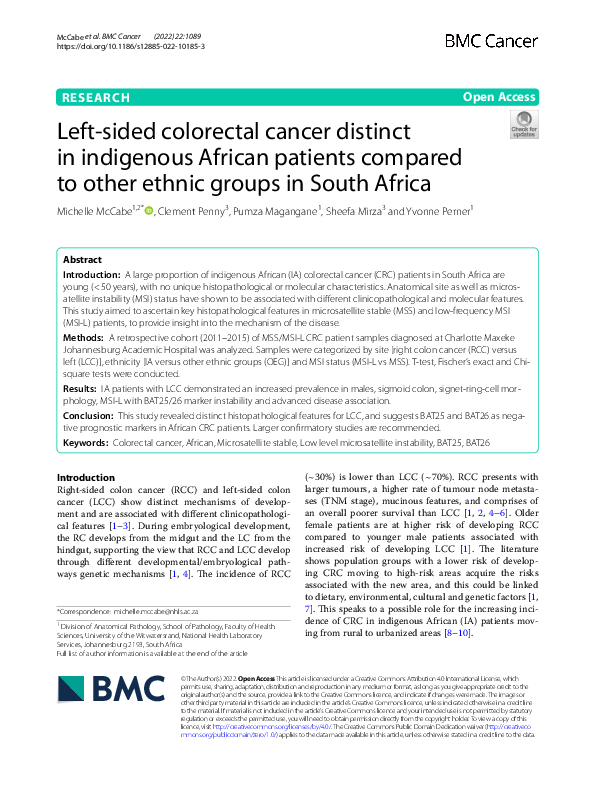 (PDF) Left-sided colorectal cancer distinct in indigenous African ...