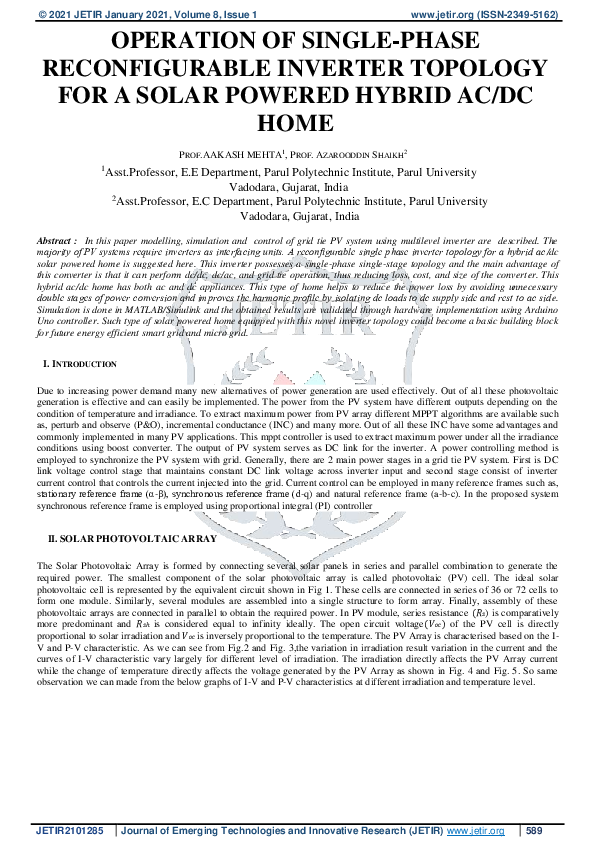 (PDF) Operation of Single-Phase Reconfigurable Inverter Topology for a Solar Powered Hybrid Ac ...