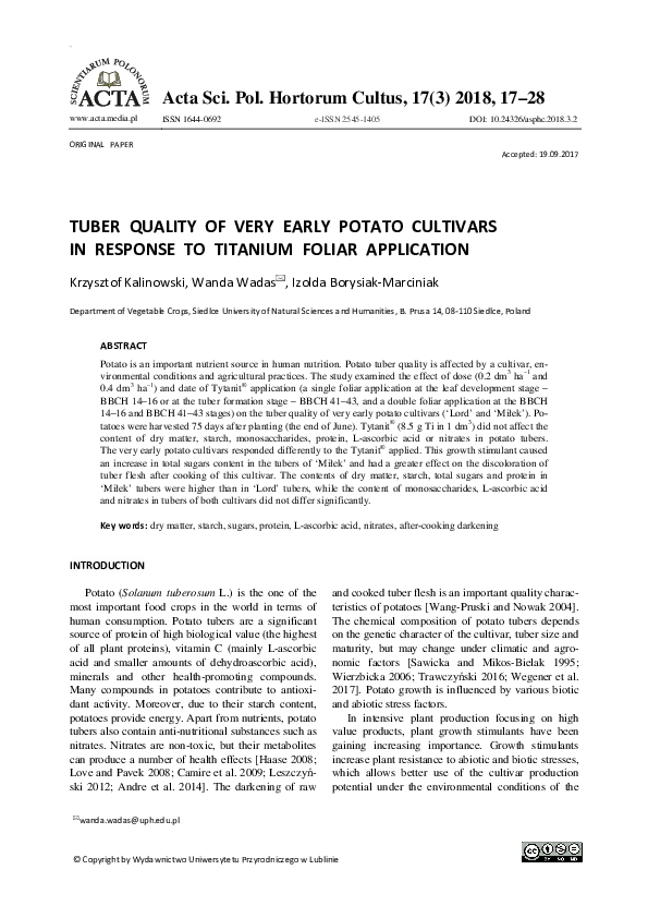 (PDF) Tuber Quality of Very Early Potato Cultivars in Response to ...