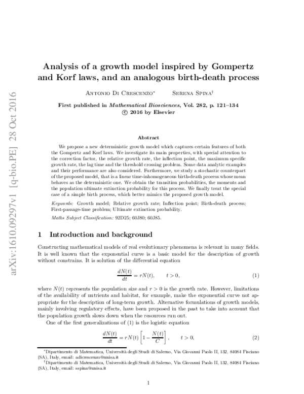 (PDF) Analysis of a growth model inspired by Gompertz and Korf laws, and an analogous birth ...