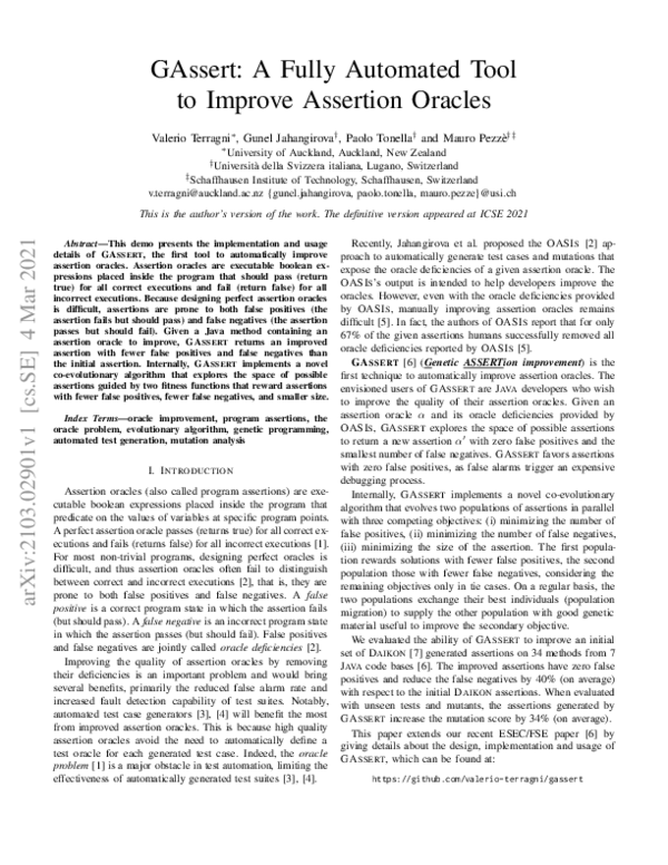 (PDF) GAssert: A Fully Automated Tool to Improve Assertion Oracles