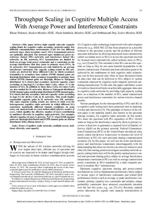 (PDF) Throughput Scaling in Cognitive Multiple Access With Average Power and Interference ...