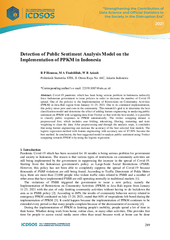 (PDF) Detection of Public Sentiment Analysis Model on the Implementation of PPKM in Indonesia