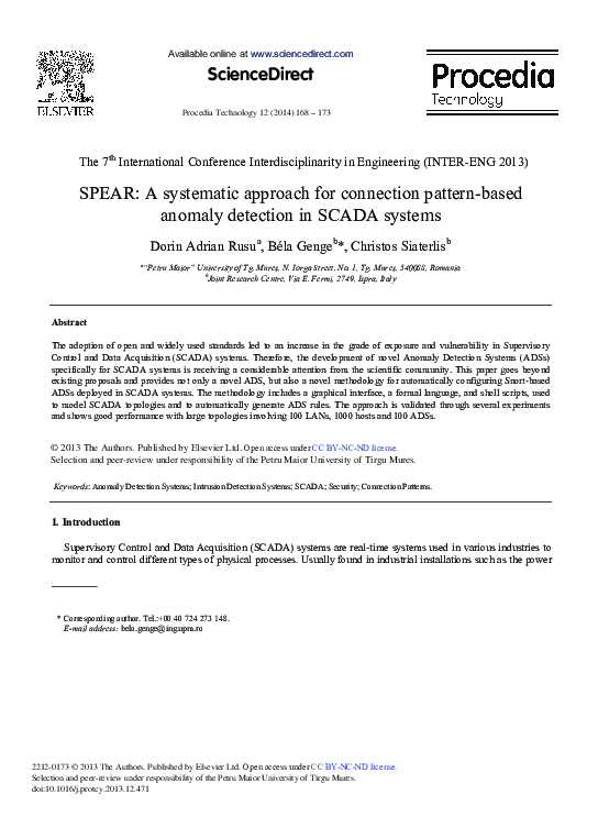 (PDF) SPEAR: A Systematic Approach for Connection Pattern-based Anomaly Detection in SCADA Systems