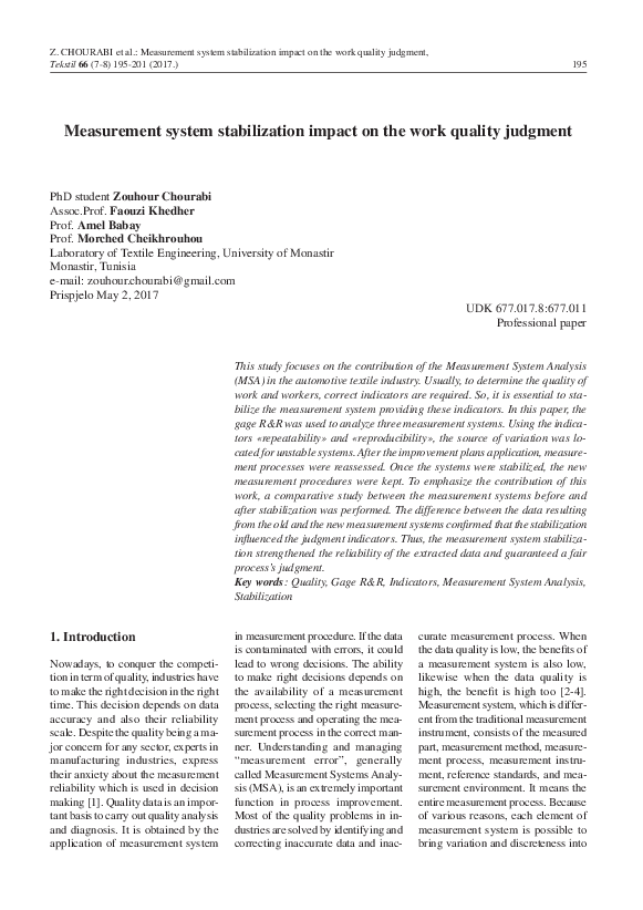 (PDF) Measurement system stabilization impact on the work quality judgment