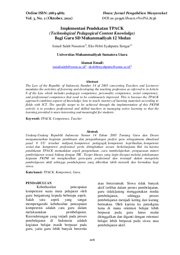(PDF) Implementasi Pendekatan TPACK (Technological Pedagogical Content ...