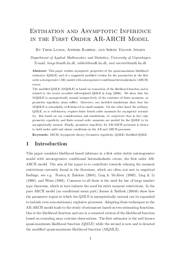 (PDF) Estimation and Asymptotic Inference in the First Order AR-ARCH Model