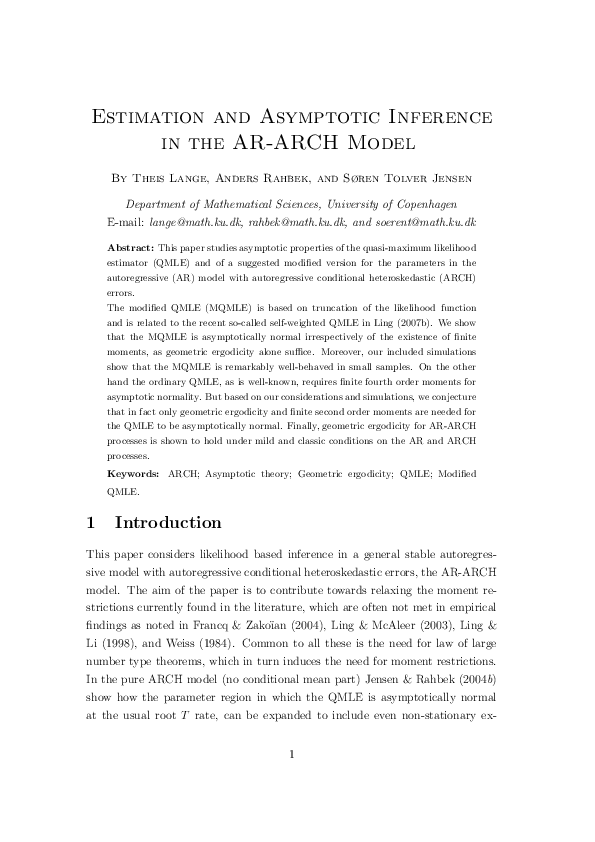 (PDF) Estimation and Asymptotic Inference in the AR-ARCH Model