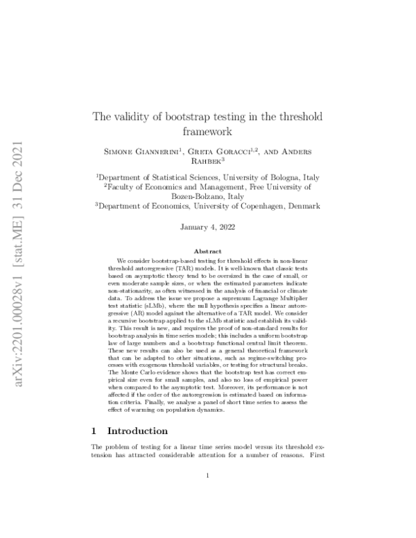 Pdf The Validity Of Bootstrap Testing In The Threshold Framework