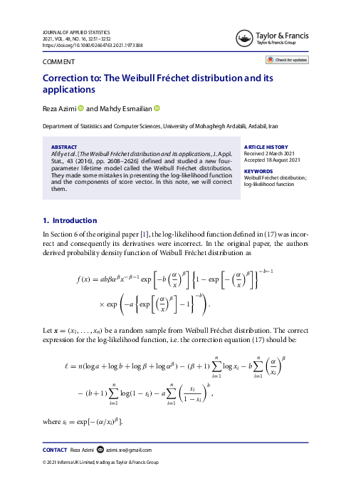 Pdf Correction To The Weibull Fréchet Distribution And Its Applications