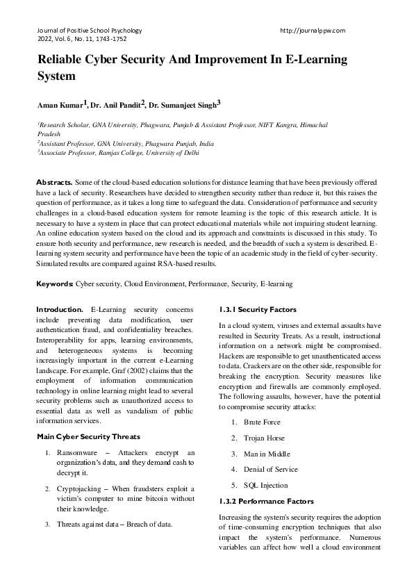 Pdf Reliable Cyber Security And Improvement In E Learning System