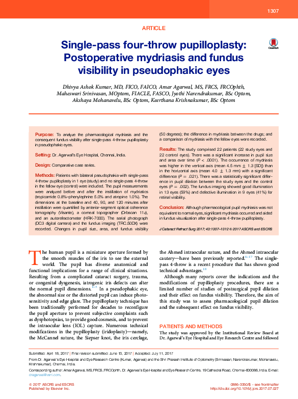 (PDF) Single-pass four-throw pupilloplasty: Postoperative mydriasis and ...