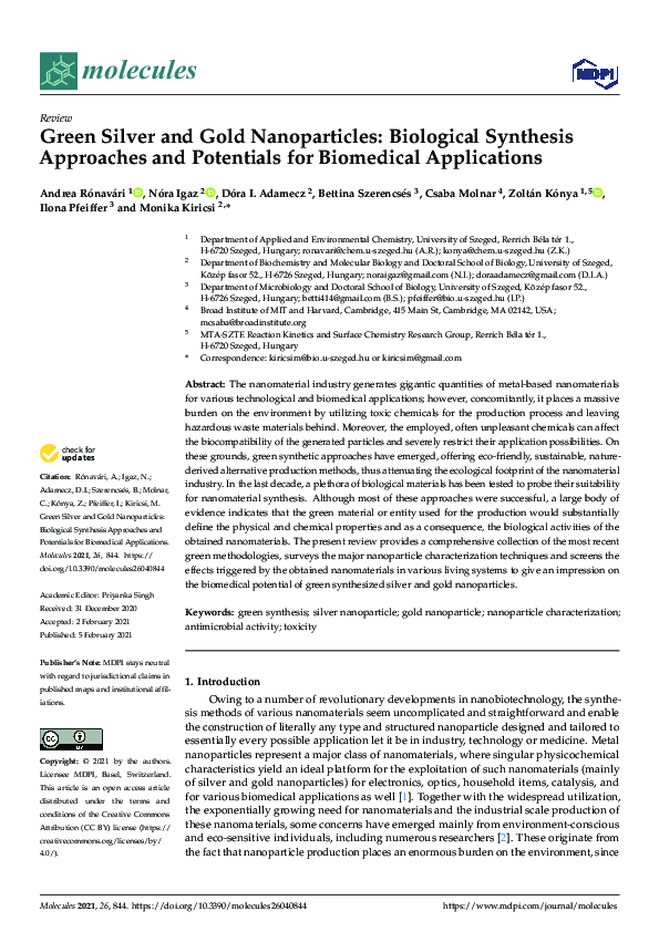 (PDF) Green Silver and Gold Nanoparticles: Biological Synthesis Approaches and Potentials for ...